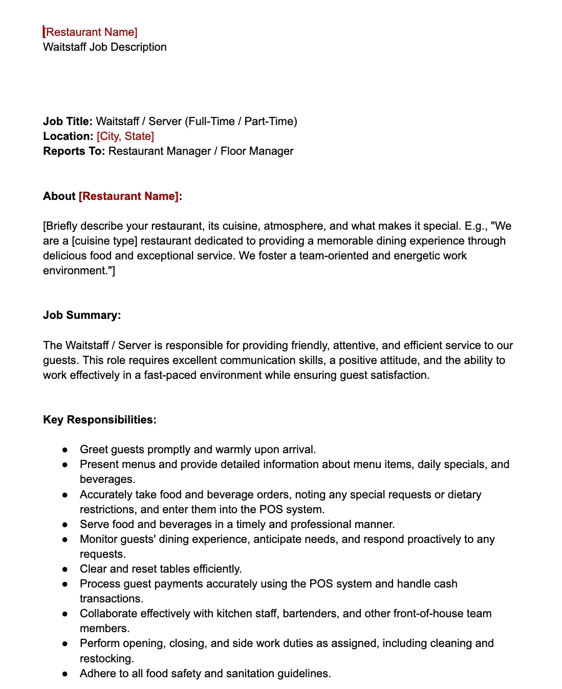 Waitress/Waiter Job Description (+Template) | The Restaurant HQ